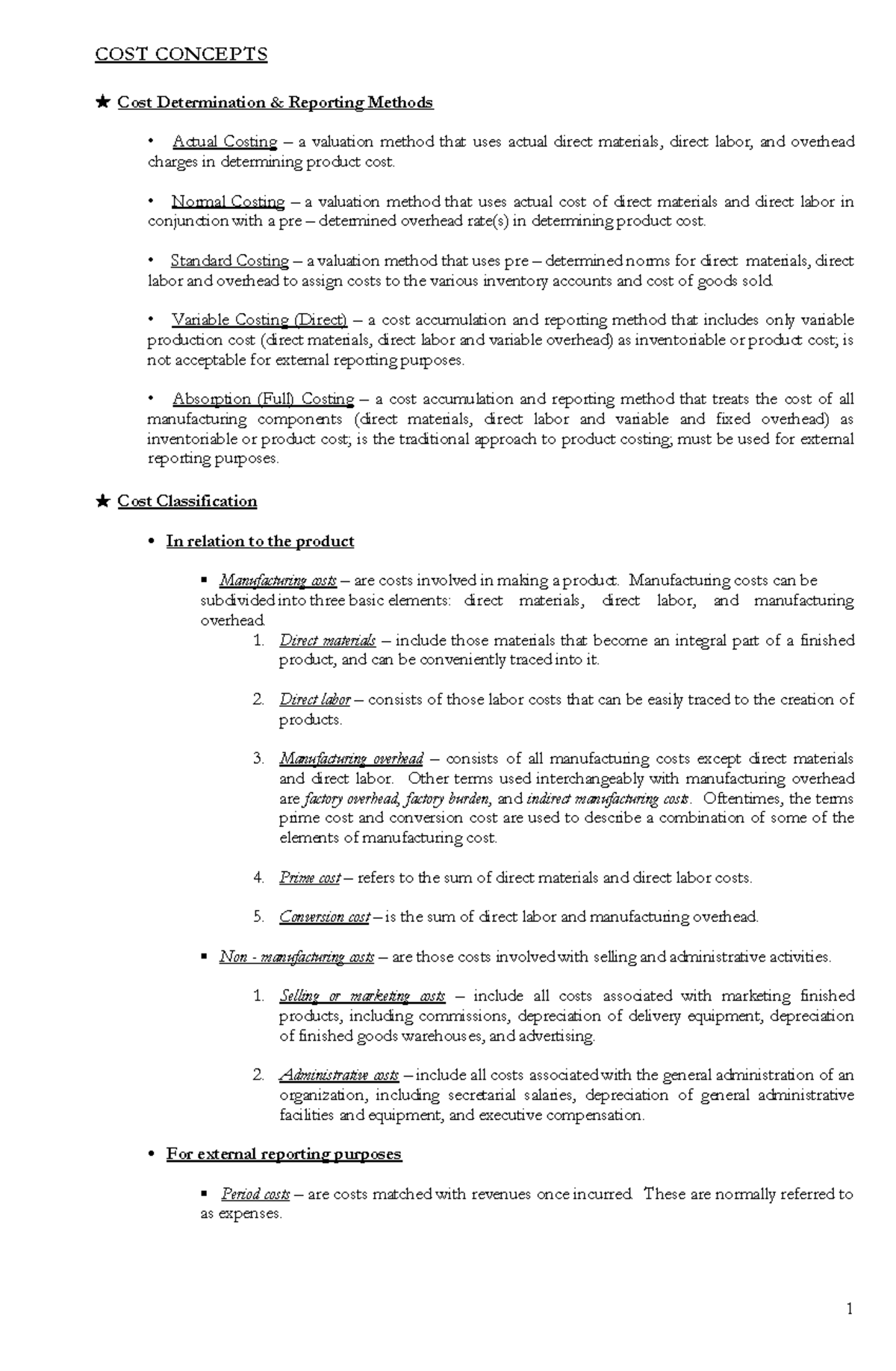 Additional COST Concepts AND Classification - 1 COST CONCEPTS ★ Cost ...