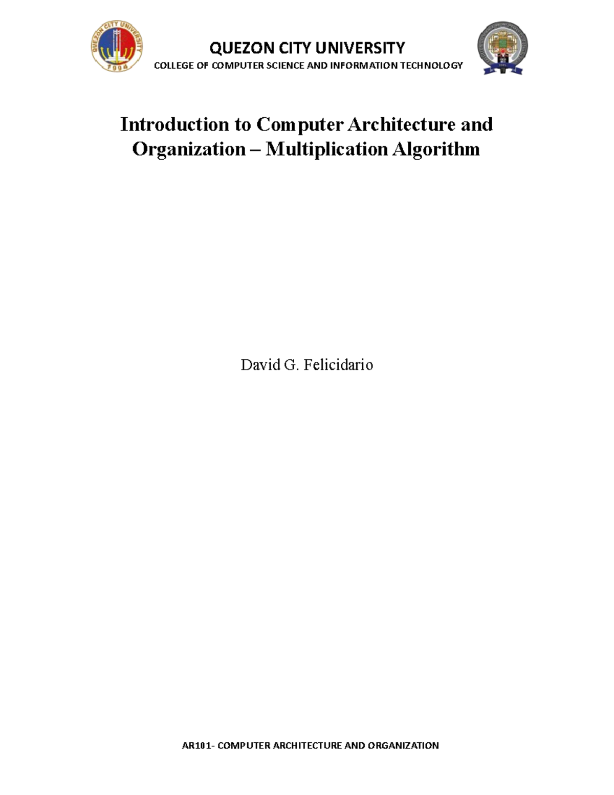 Multiplication Algorithm Notes - AR101 - COLLEGE OF COMPUTER SCIENCE ...