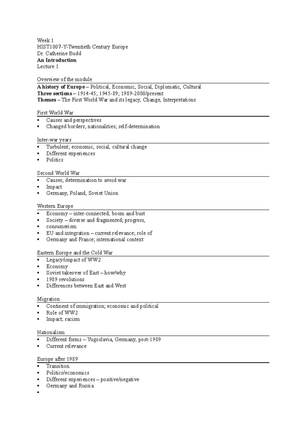 An Introduction - Lecture notes 1 - Week 1 HIST1007-Y-Twentieth Century ...