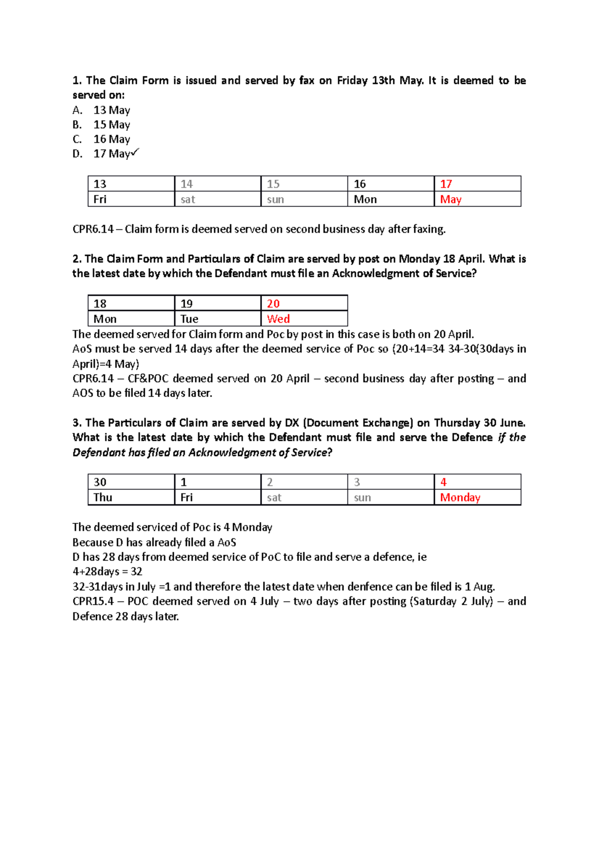 Unit 3 MCQs on Deemed service - The Claim Form is issued and served by ...