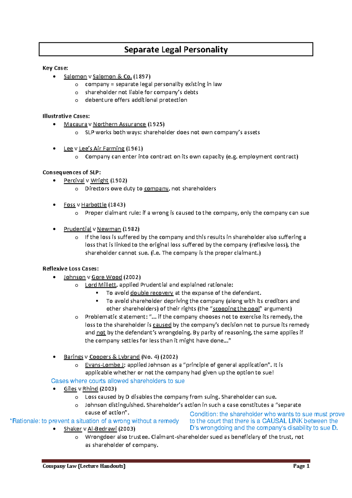 Handout - Separate Legal Personality (Summary Notes) - Separate Legal ...