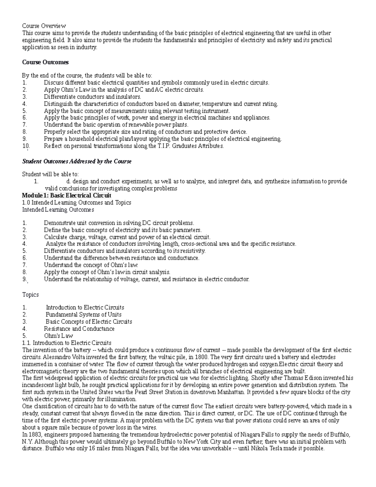 EE 006 Engineering Utilities 1Basic Electrical Engg - Course Overview ...