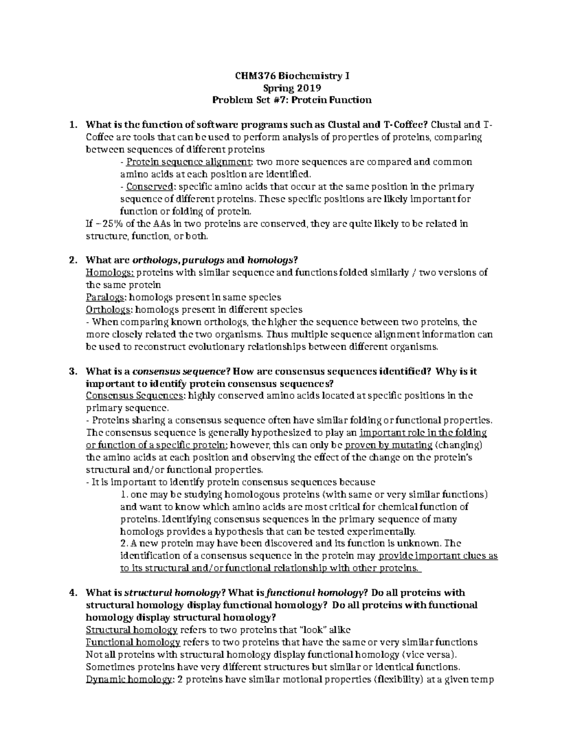 Biochem PS 7 - PS7 - CHM376 Biochemistry I Spring 2019 Problem Set #7: Protein Function 1. What ...
