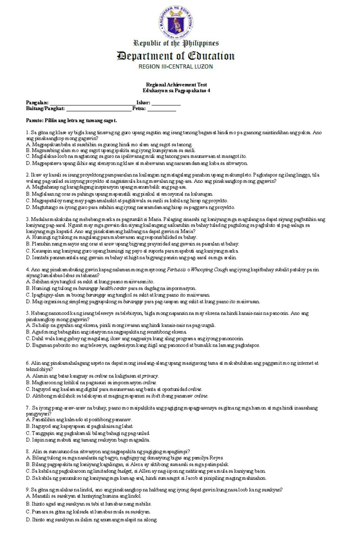 Regional Achievement Test in Es P 4 - Regional Achievement Test ...