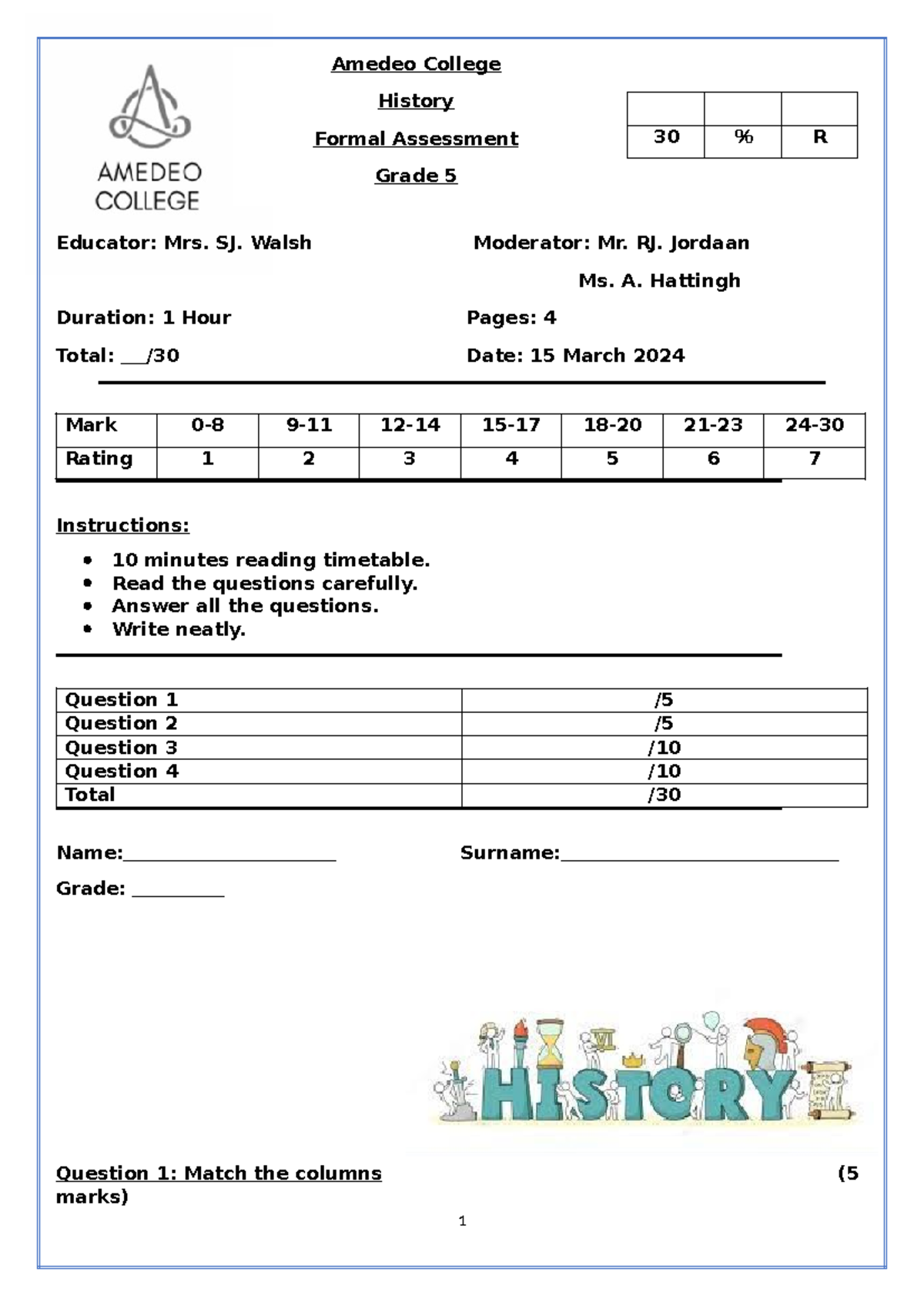 History Term 1 Cycle Test - 30 % R Educator: Mrs. SJ. Walsh Moderator ...