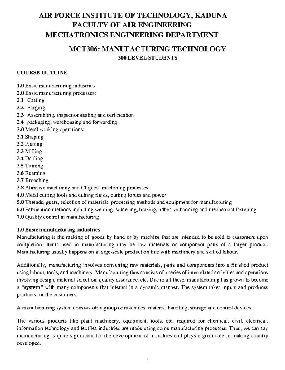 MCT306 Lecture Note manufacturing Tecnology - AIR FORCE INSTITUTE OF ...