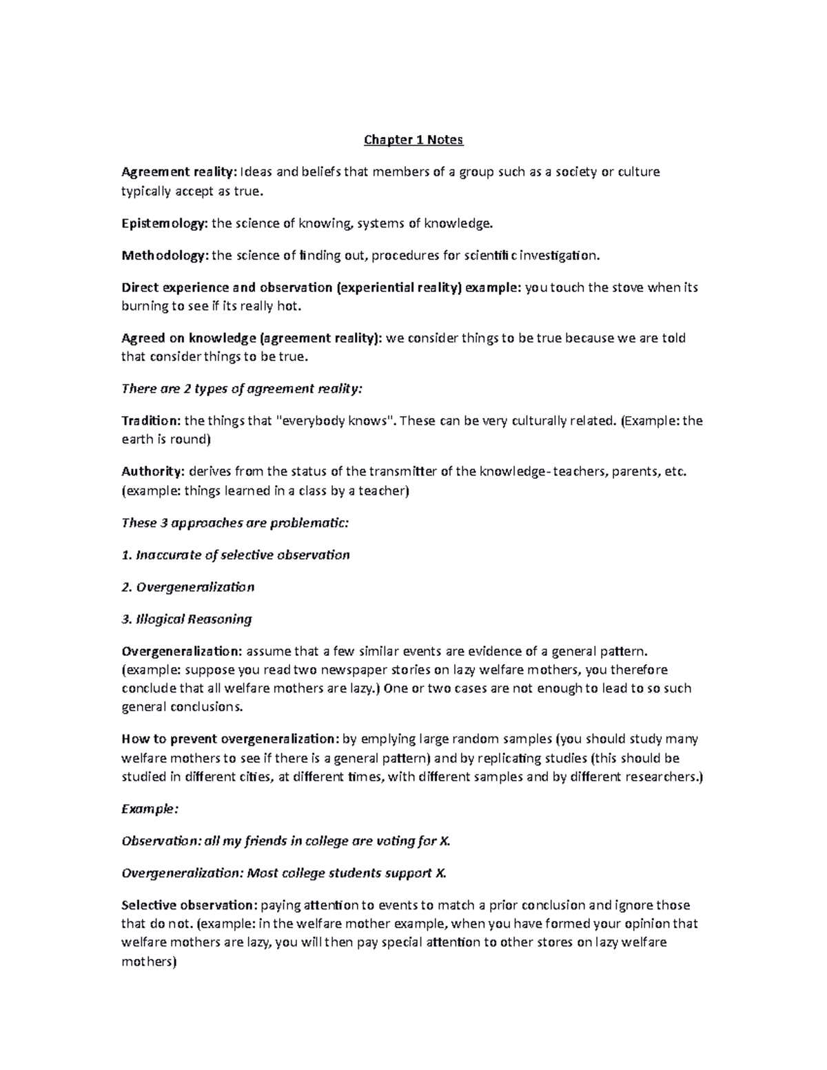 SOCL 304 Ch. 1 notes - Agreement reality, overgeneralization/how to ...