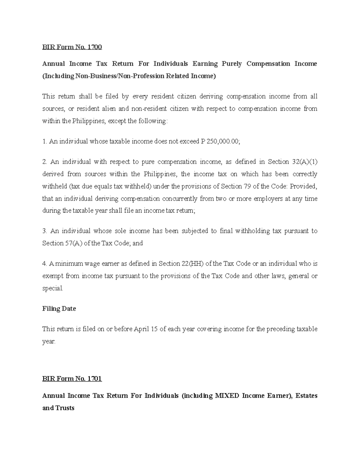 BIR Form No - BIR FORMS - BIR Form No. 1700 Annual Income Tax Return ...