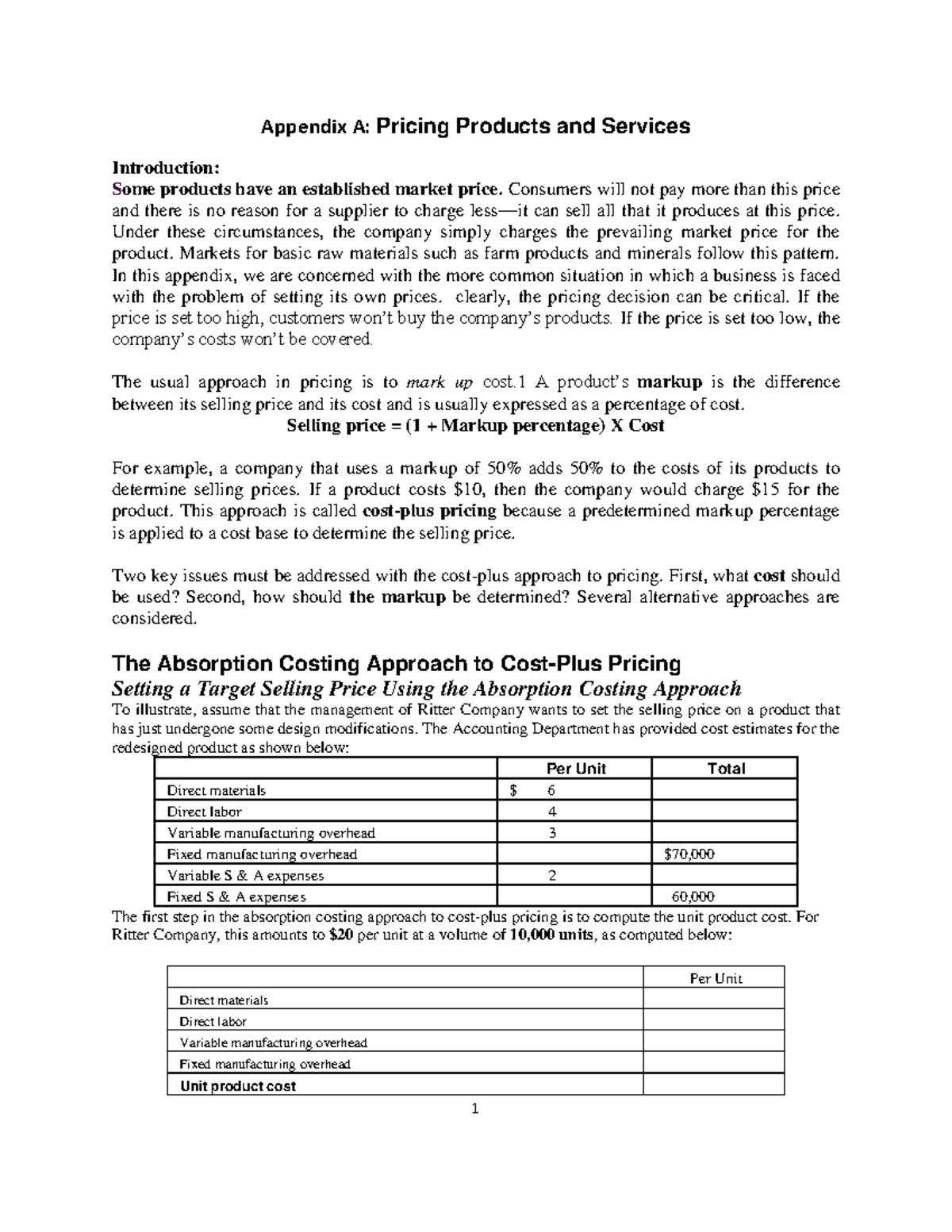 Appendix A studnets Summary - Appendix A: Pricing Products and Services ...