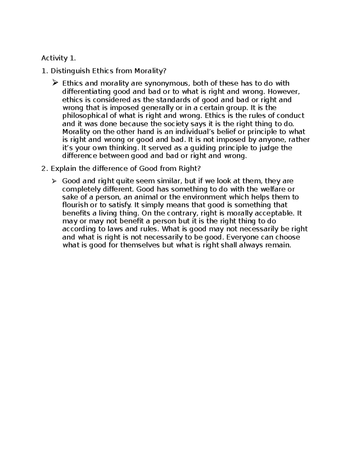 Activity 10 - For ESP - Activity 1. Distinguish Ethics from Morality ...