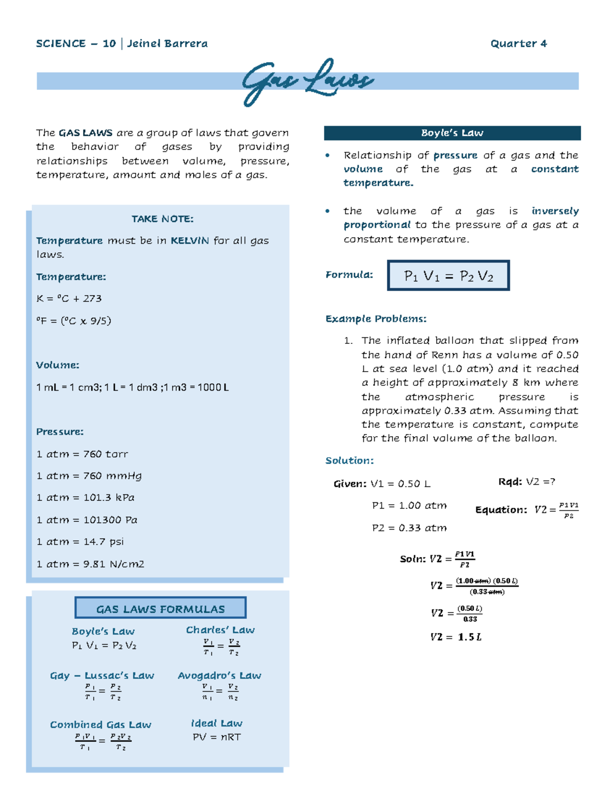 Gas Laws - Science - gas laws - Gas Laws The GAS LAWS are a group of ...