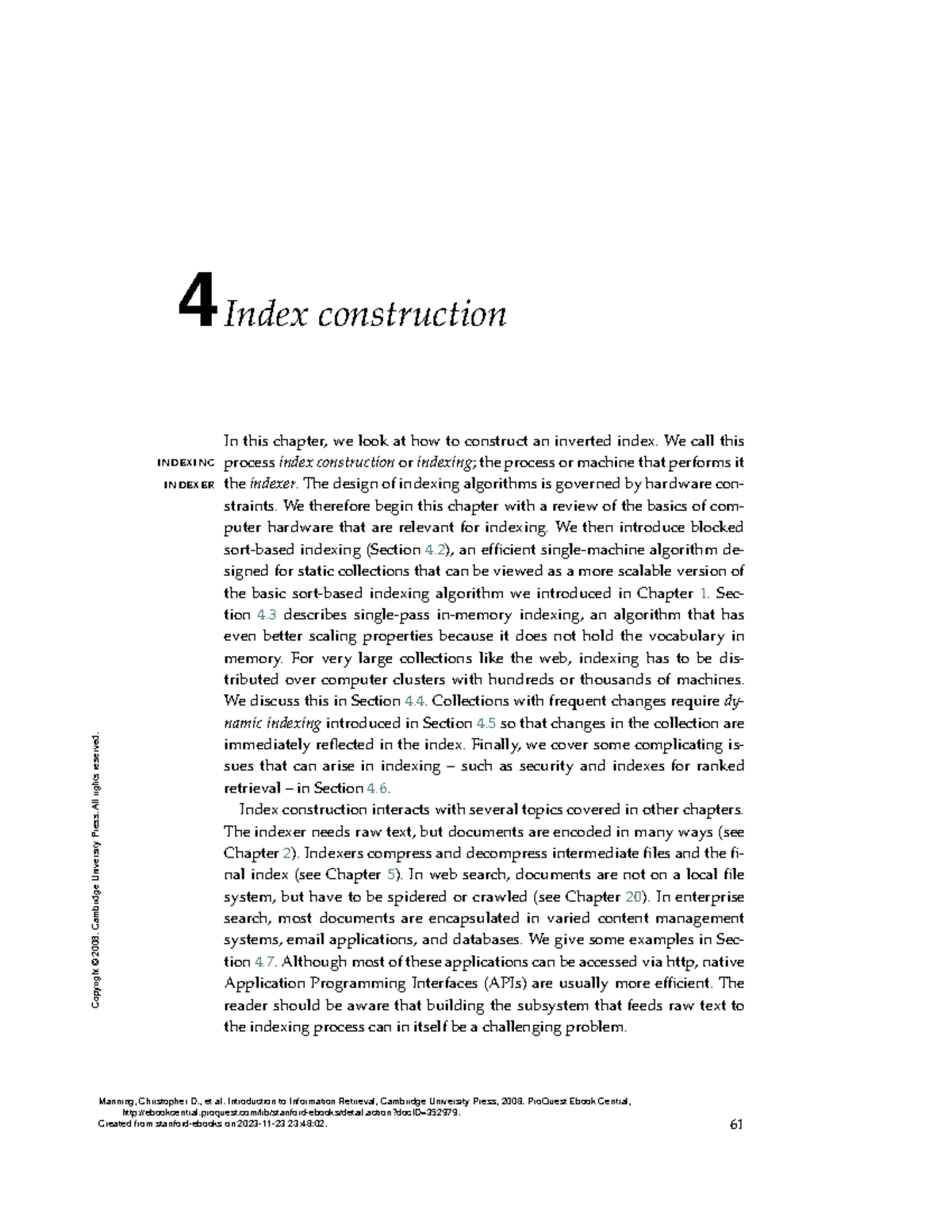 Introduction to Information Retrieval - (4 Index construction) - 4 Index construction In this ...