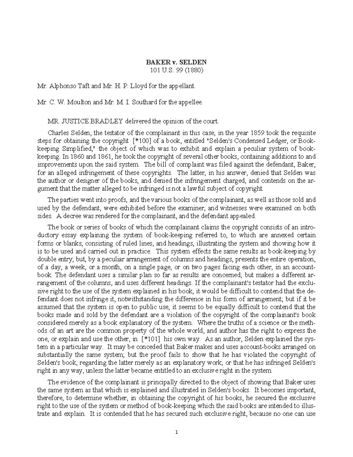 Microsoft Word - 1880 Baker Abridged - BAKER v. SELDEN 101 U. 99 (1880 ...