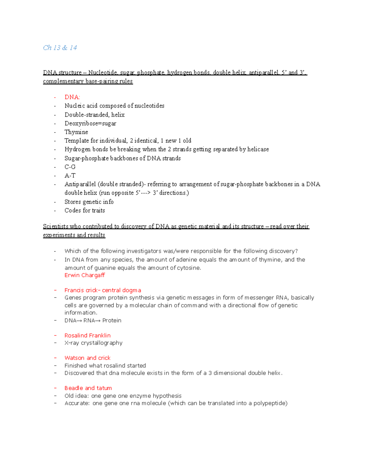 Bio 6A rev - study notes - Ch 13 & 14 DNA structure – Nucleotide, sugar ...