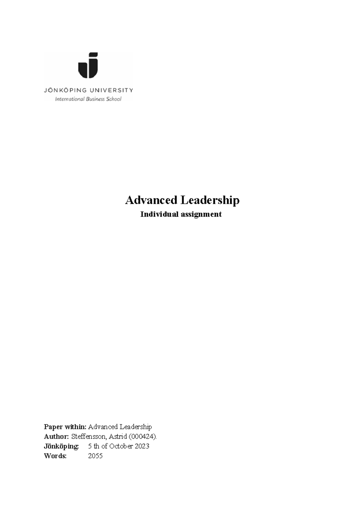 AL Hand-in individual assignment - Advanced Leadership Individual ...