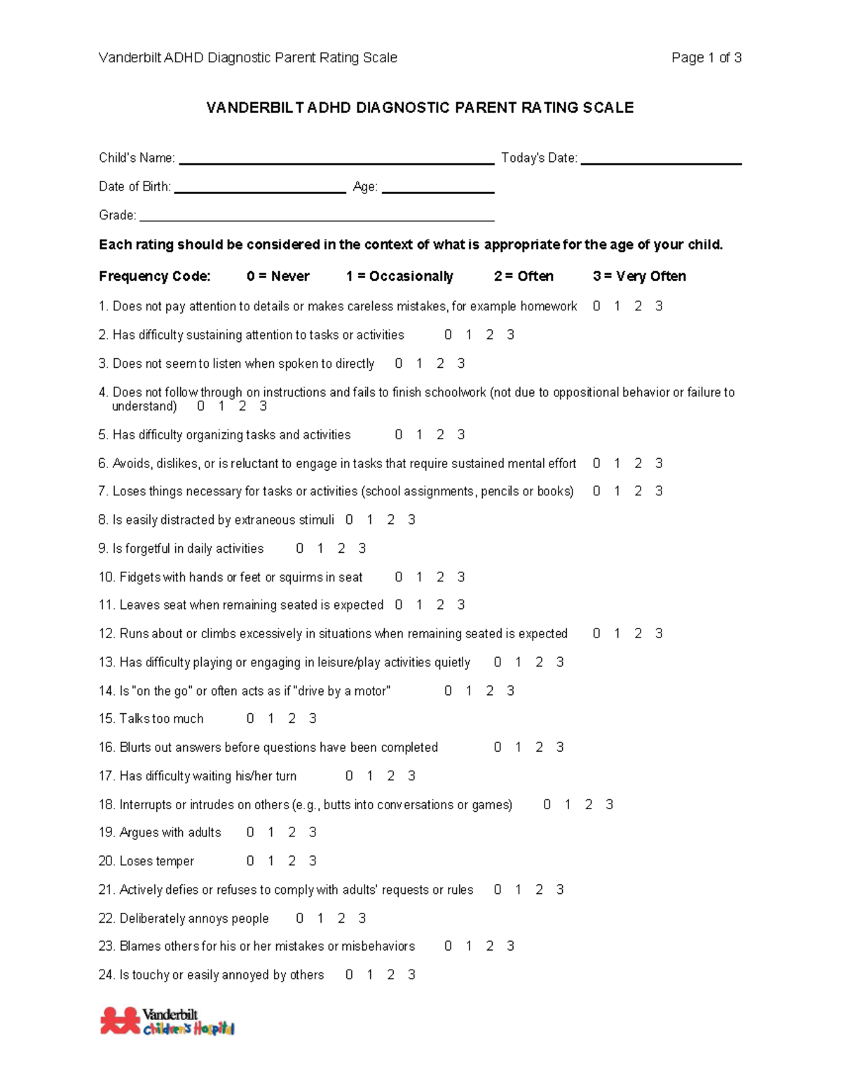 Adhd scoring parent - VANDERBILT ADHD DIAGNOSTIC PARENT RATING SCALE ...