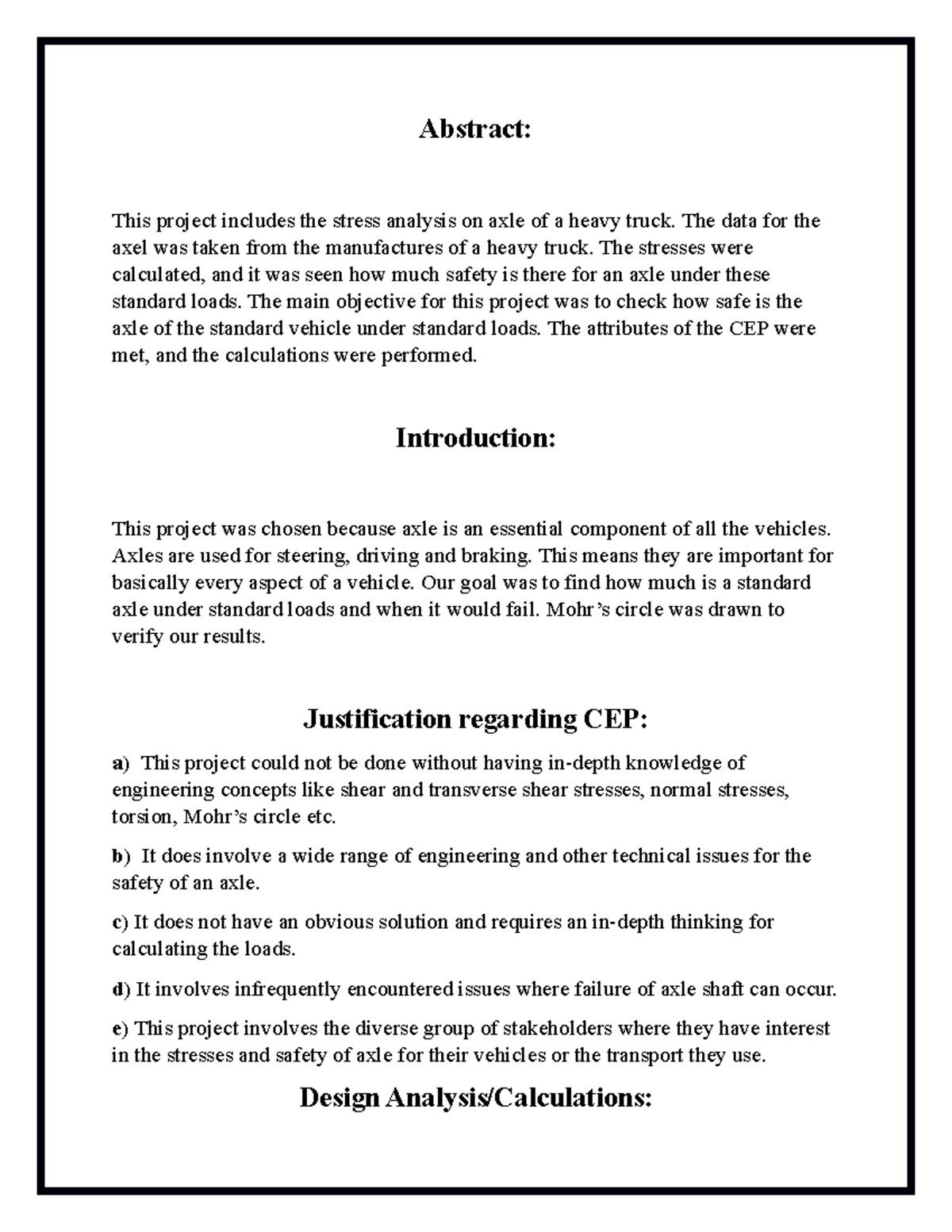 Mechanics of Material 2 Project Repot - Abstract: This project includes ...