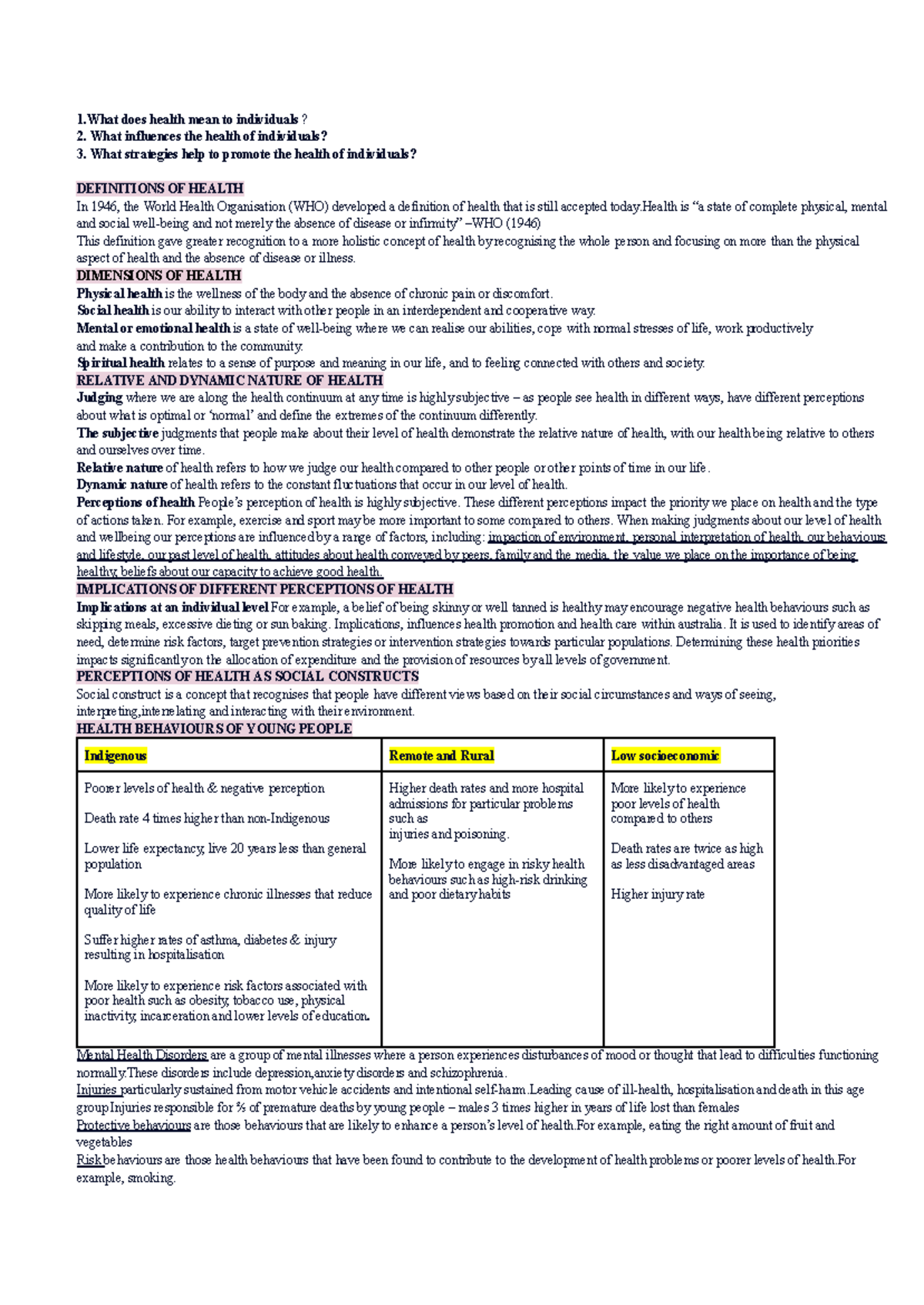 Pdhpe 11 (t1) - 1 does health mean to individuals? 2. What influences ...