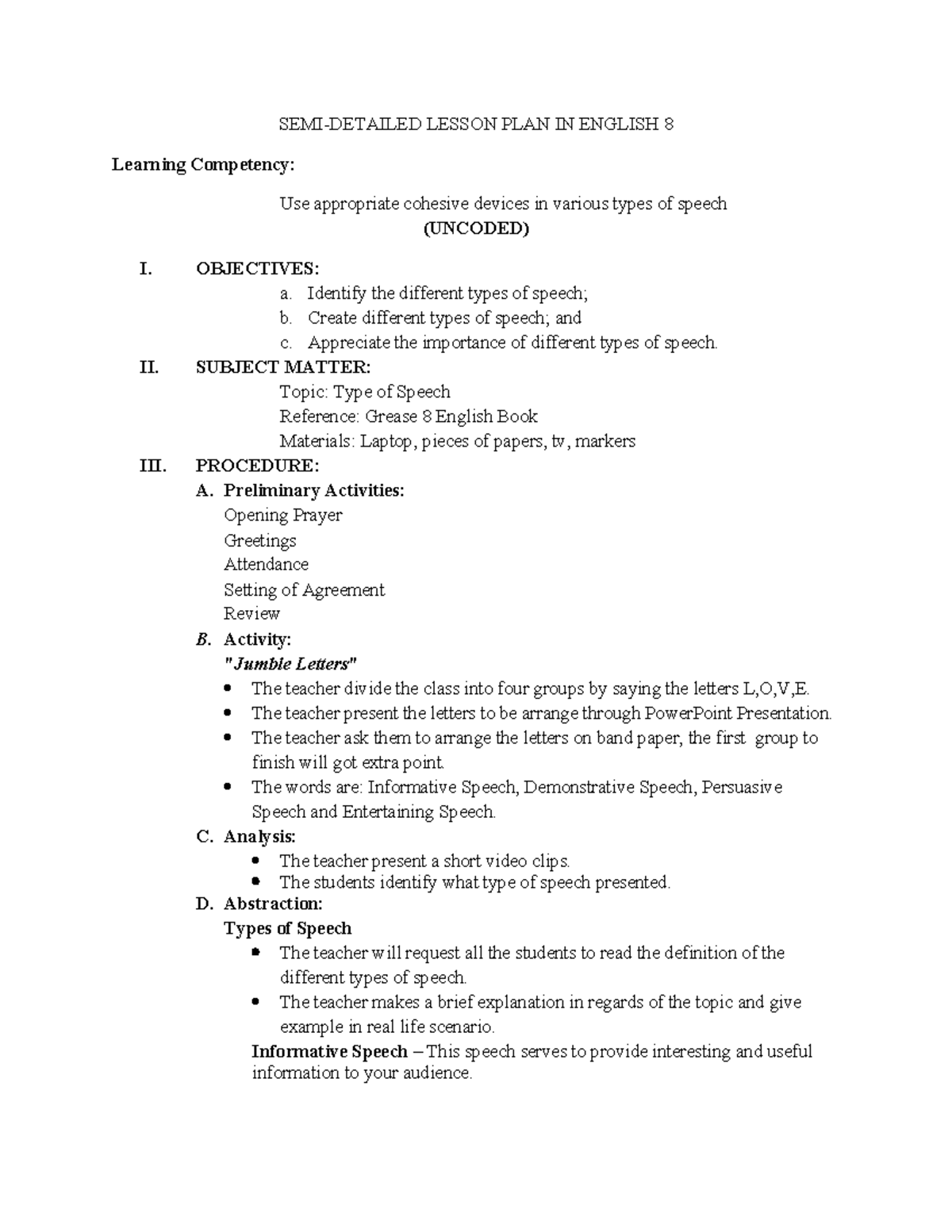 Semi-detailed lesson plan-Types-of-Speech - SEMI-DETAILED LESSON PLAN ...