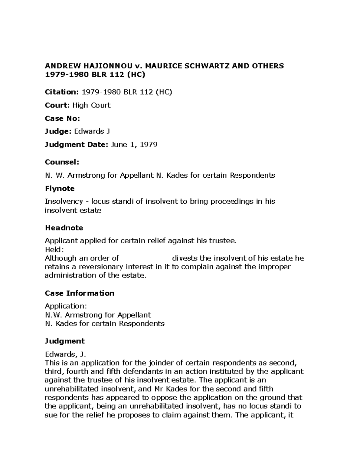 insolvency case law - ANDREW HAJIONNOU v. MAURICE SCHWARTZ AND OTHERS ...