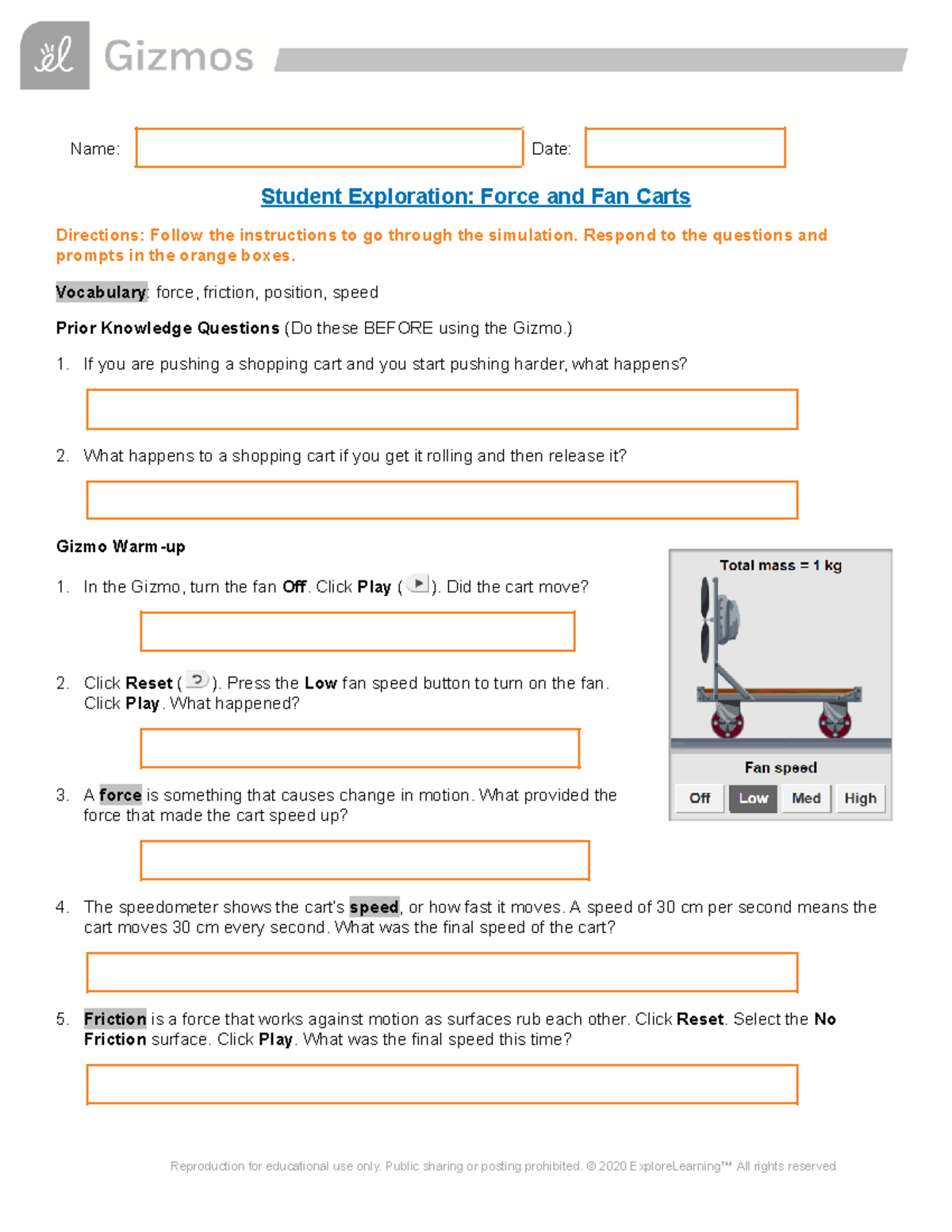 Copy of Force Fan Carts SE - Name: Date: Student Exploration: Force and ...