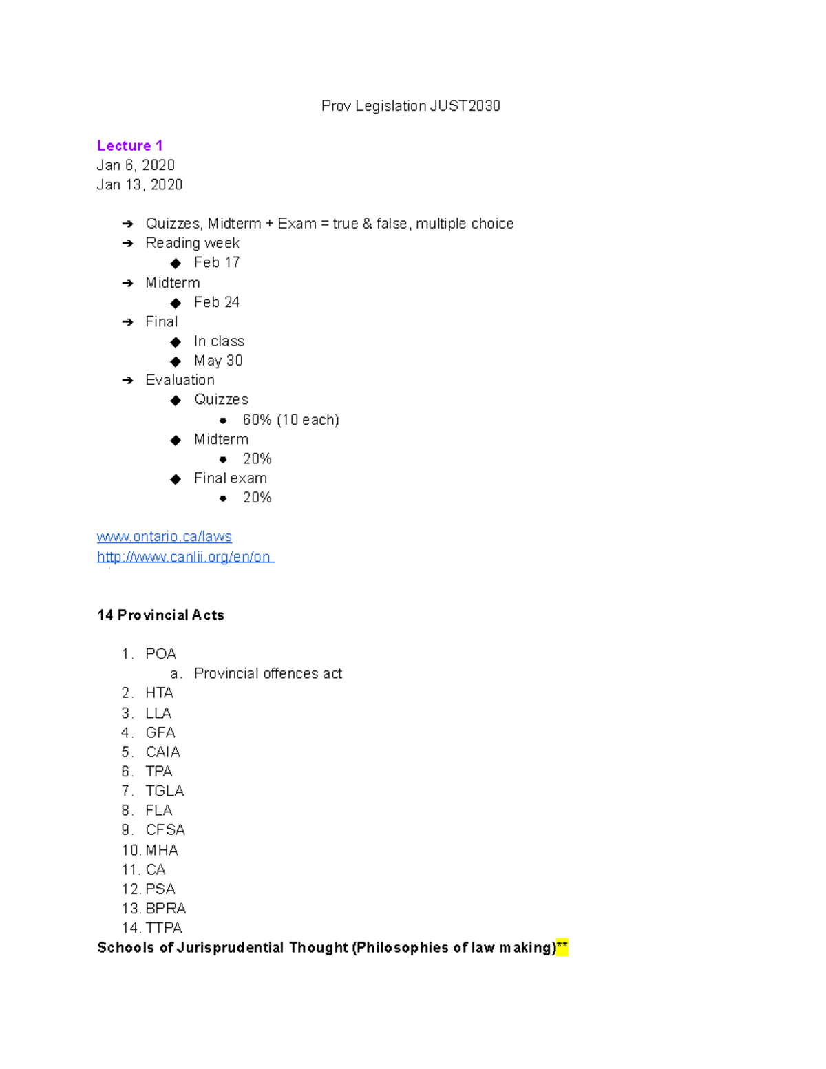 Provincial Legislation- Lecture 1 & 2 - Prov Legislation JUST Lecture 1 ...