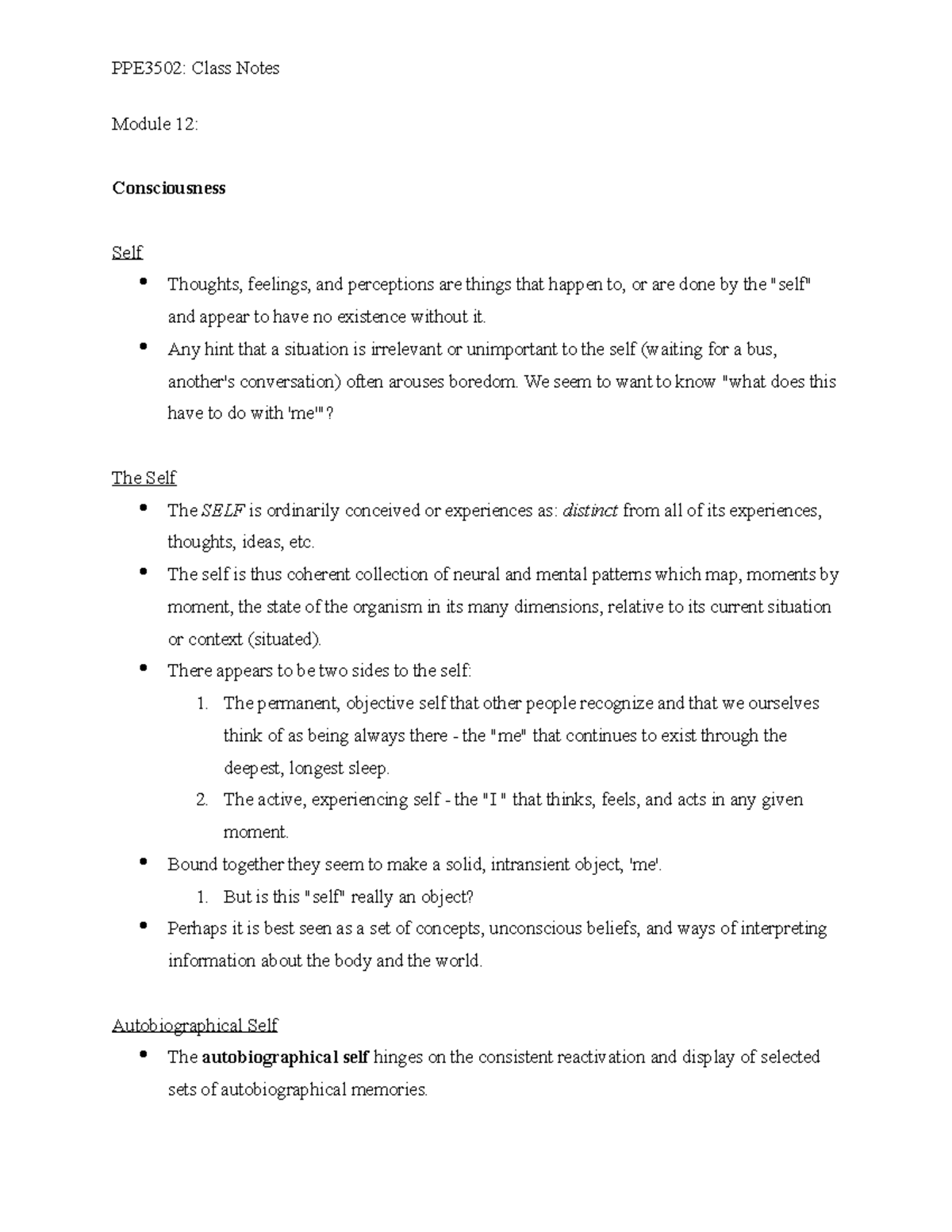 PPE3502-Module 12Notes - PPE3502: Class Notes Module 12: Consciousness ...