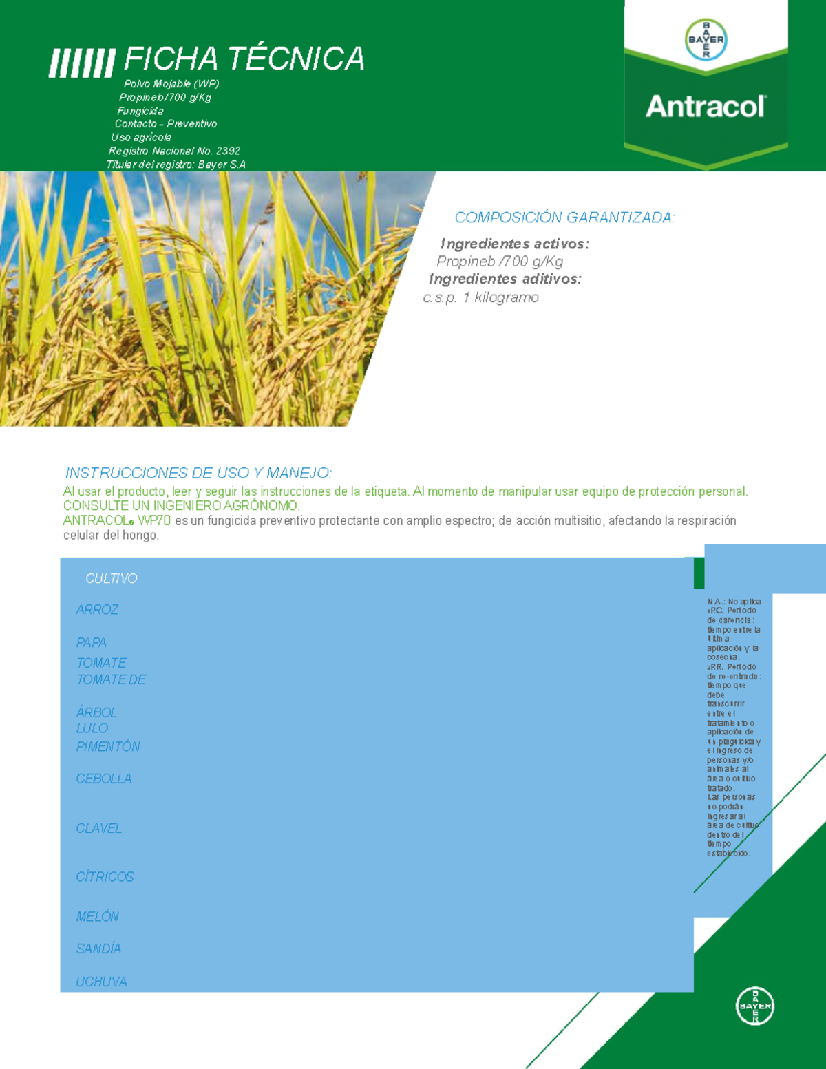 Antracol bayer ficha tecnica colombia - FICHA TÉCNICA Polvo Mojable (WP ...