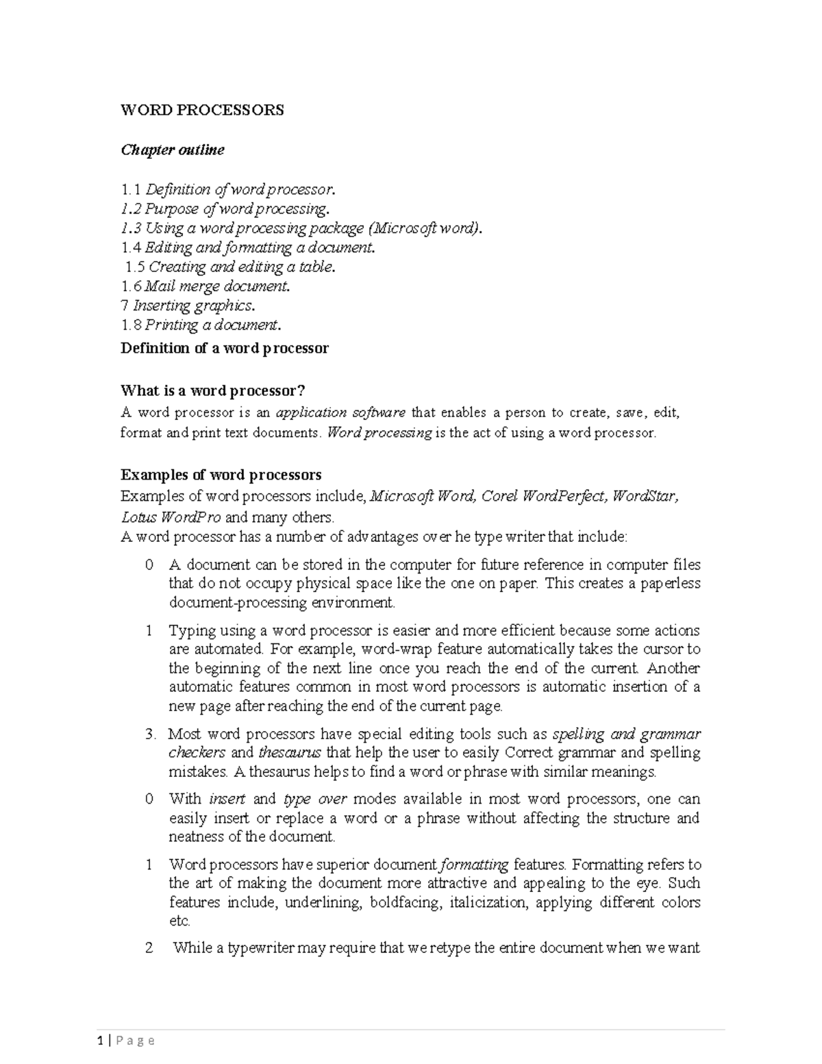 Computer Combined Notes - WORD PROCESSORS Chapter outline 1 Definition ...
