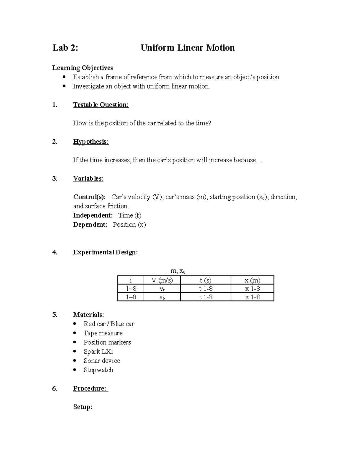 PHY111L Lab 2 Uniform linear motion 3 - Lab 2: Uniform Linear Motion ...