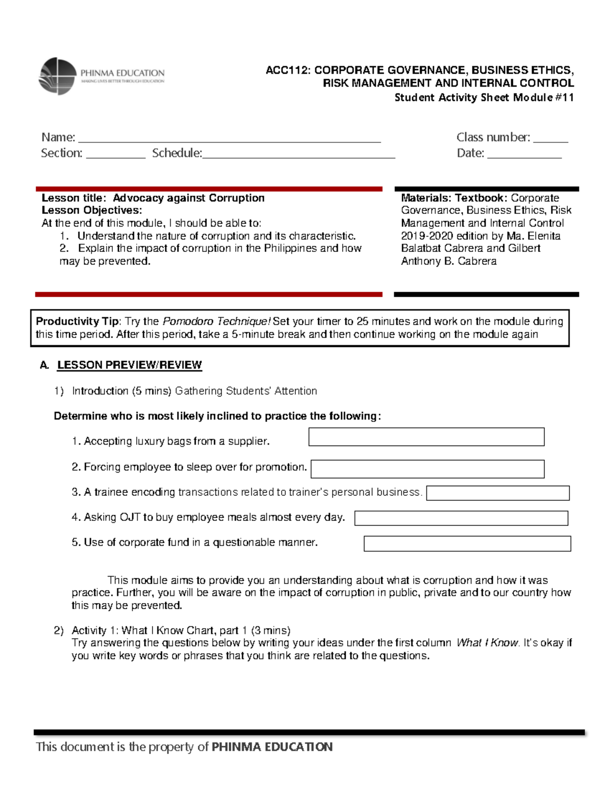 ACC 112 SAS#11 - huhu - RISK MANAGEMENT AND INTERNAL CONTROL Student ...