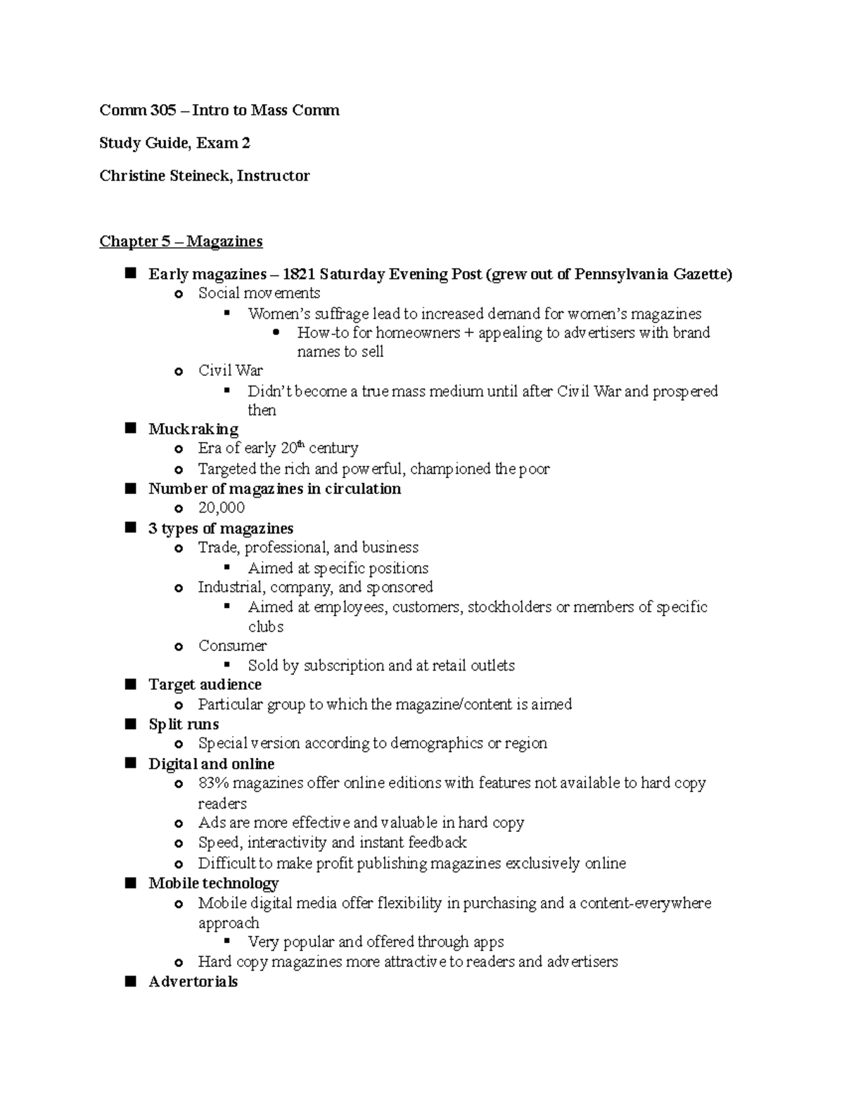 Study guide 2 - Comm 305 – Intro to Mass Comm Study Guide, Exam 2 ...