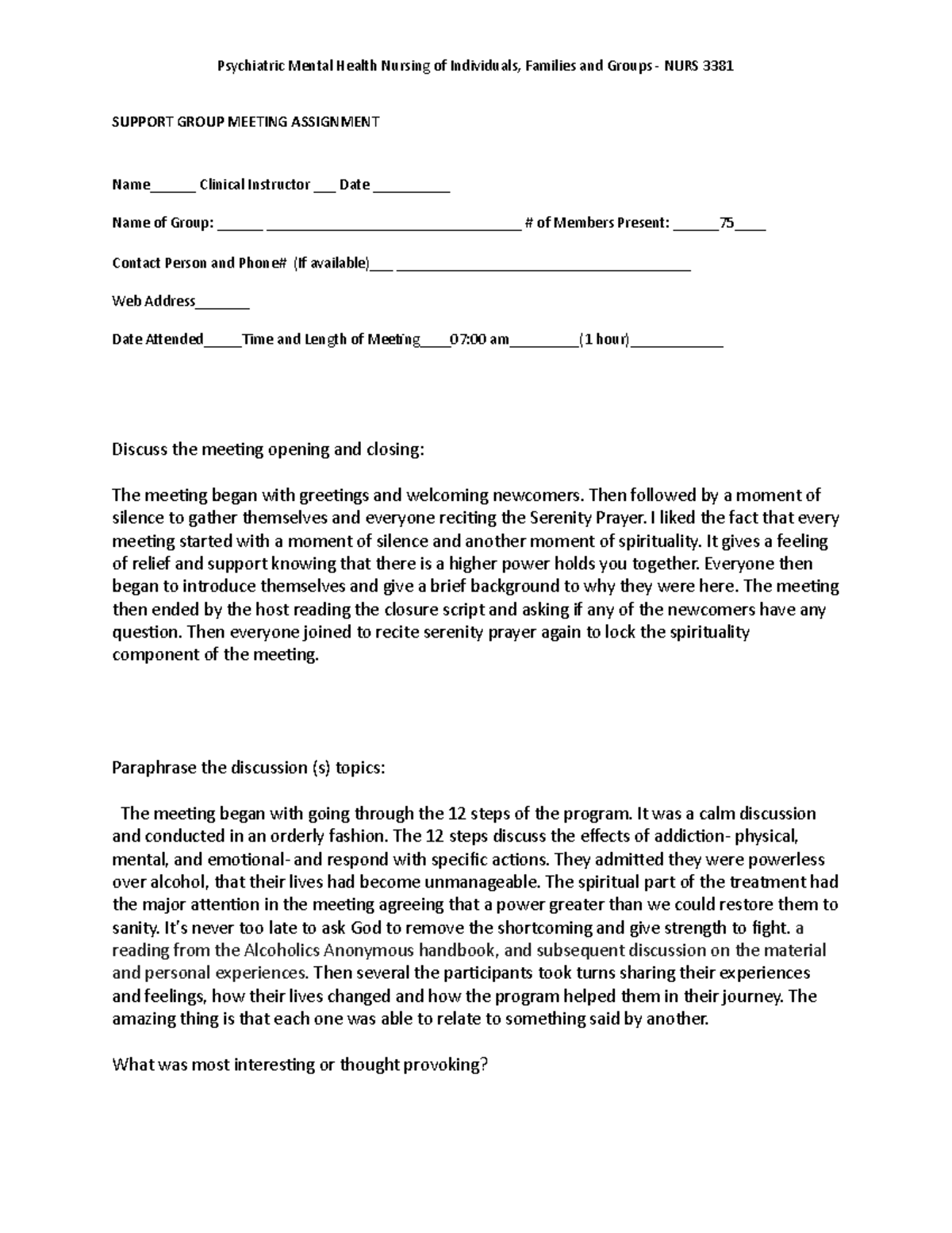 Support Group Meeting Report 2 AA copy - Psychiatric Mental Health ...