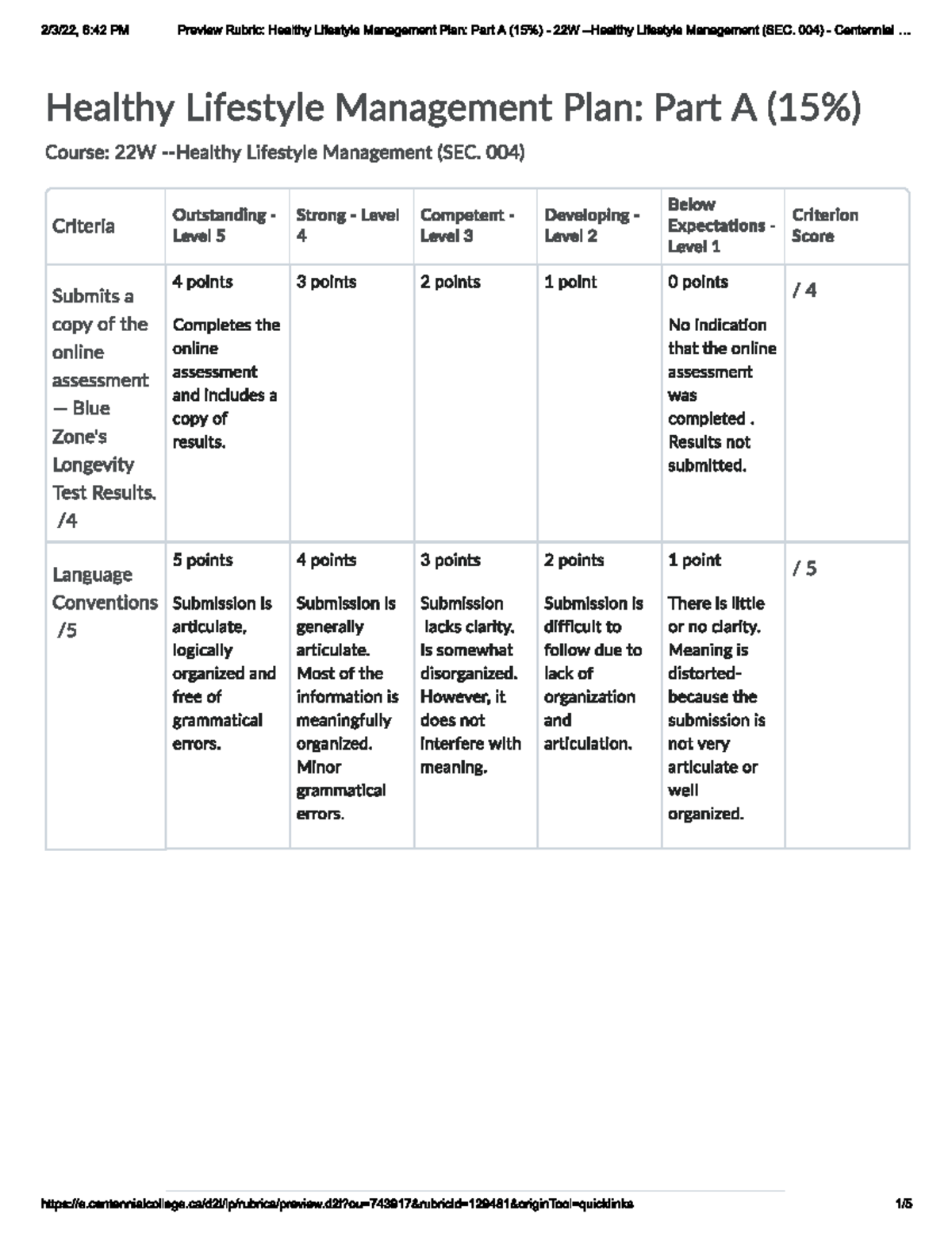 Healthy lifestyle management 15 %, rubric Assessment: Healthy Lifestyle ...