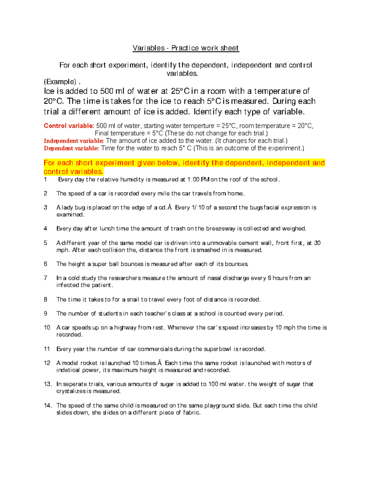 Variables worksheet - Variables - Practice work sheet For each short ...