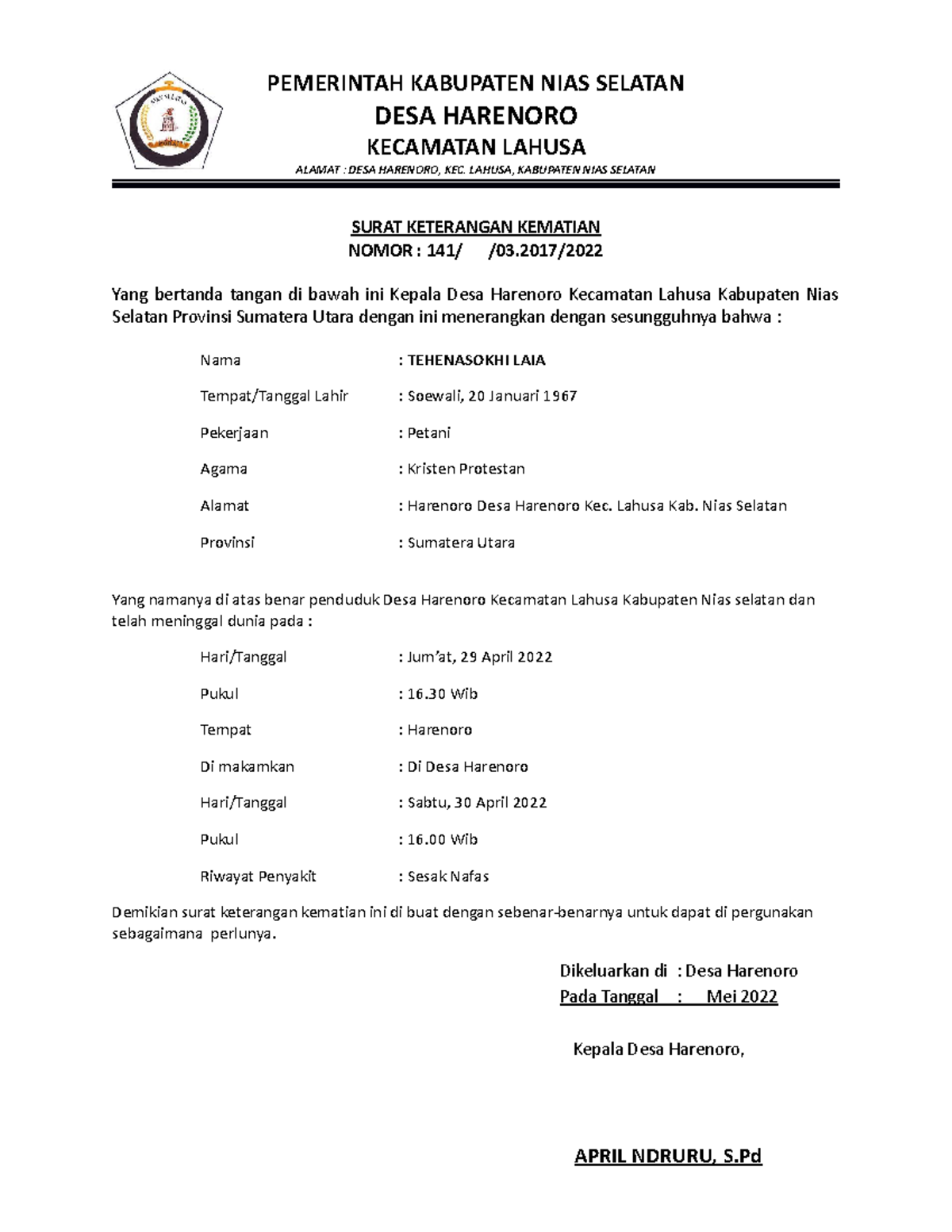 Sarjana hdhdhdhd - PEMERINTAH KABUPATEN NIAS SELATAN DESA HARENORO ...