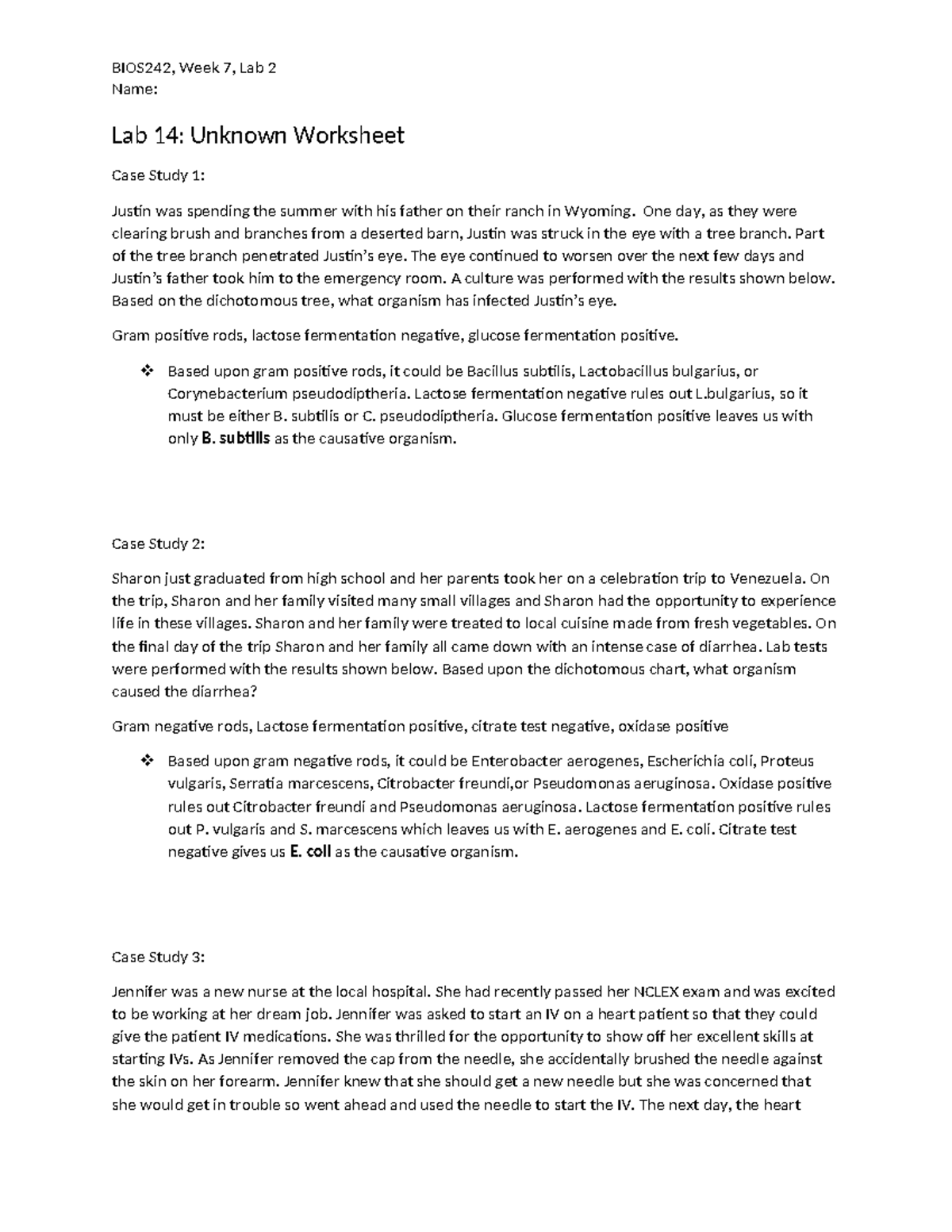 Lab 14 - BIOS242, Week 7, Lab 2 Name: Lab 14: Unknown Worksheet Case ...