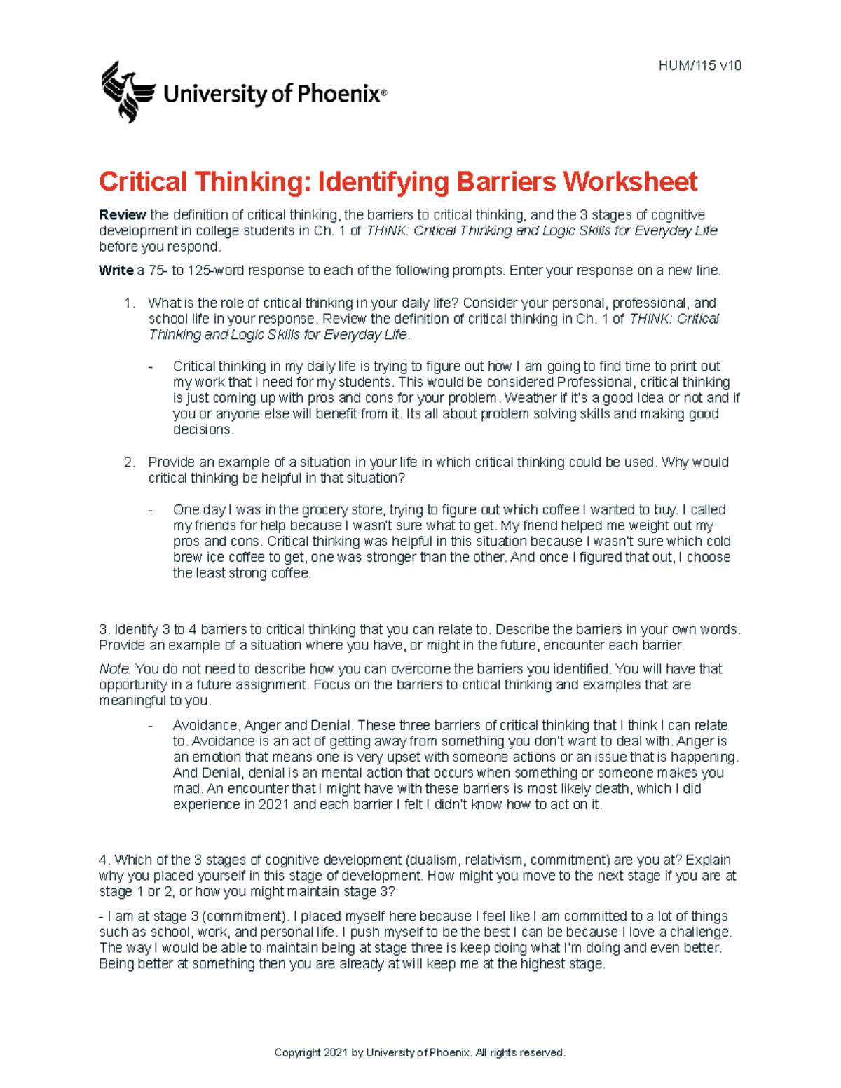 Hum115 week 1 - week 1 - HUM/115 v Critical Thinking: Identifying ...