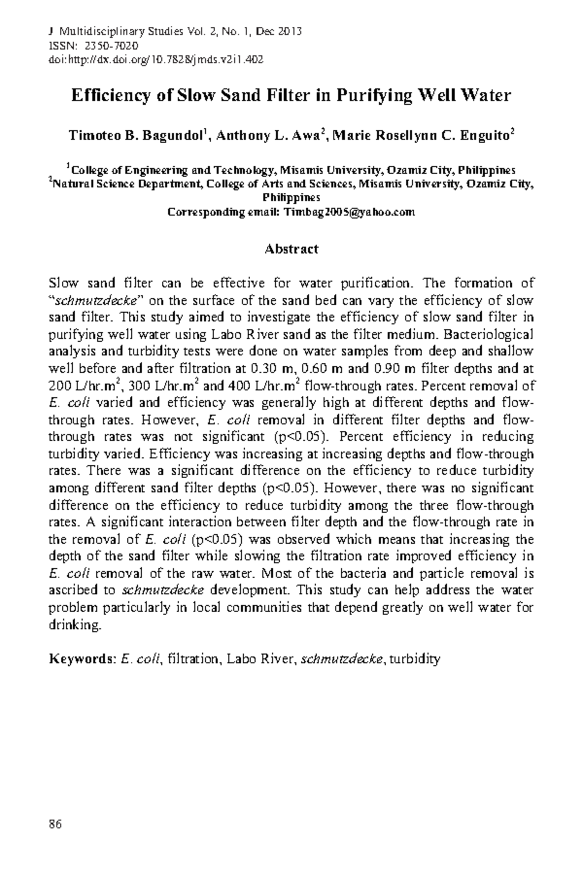 Efficiency sand for water purification research - J Multidisciplinary ...