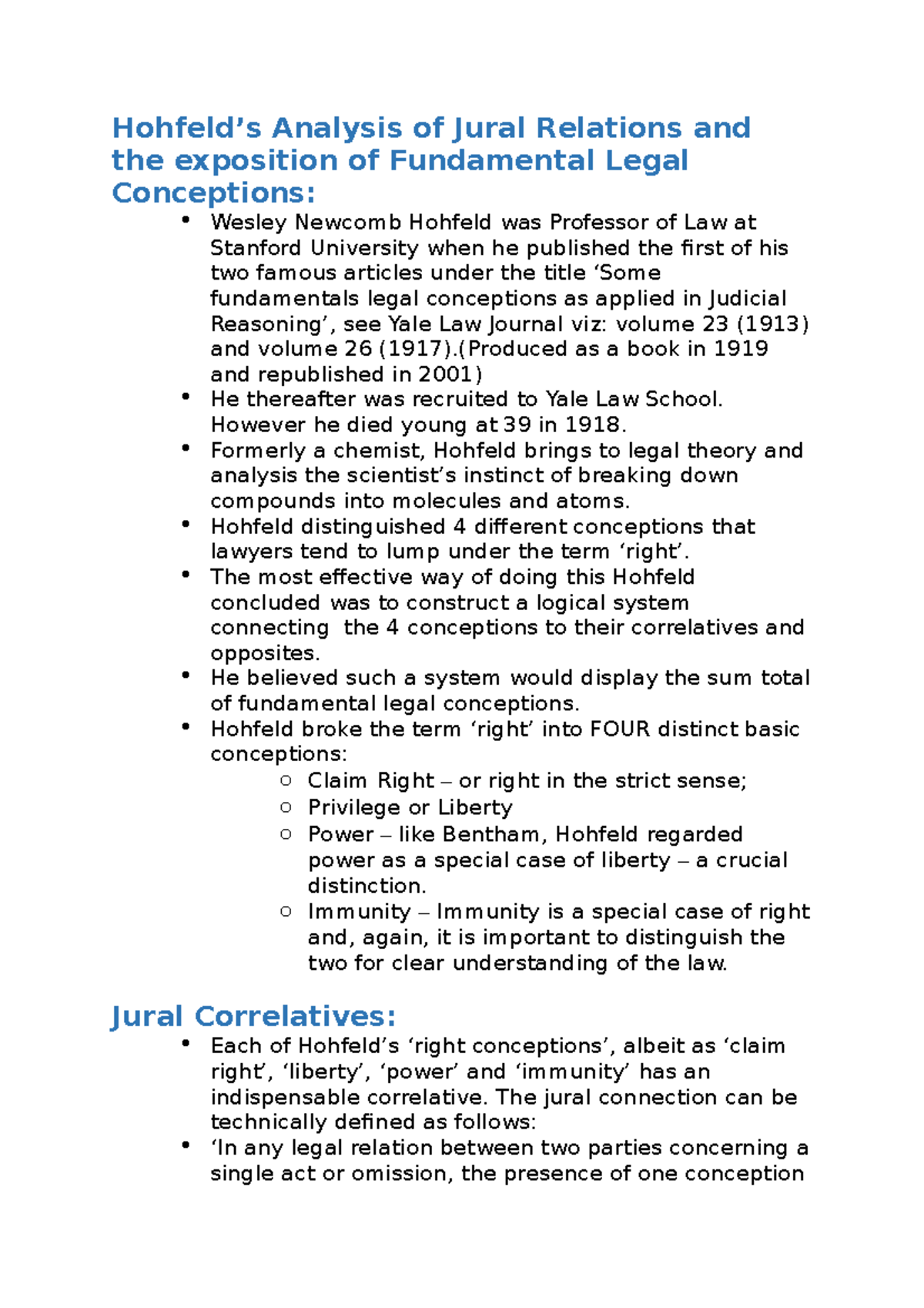 Hohfeld - (Produced as a book in 1919 and republished in 2001) He ...