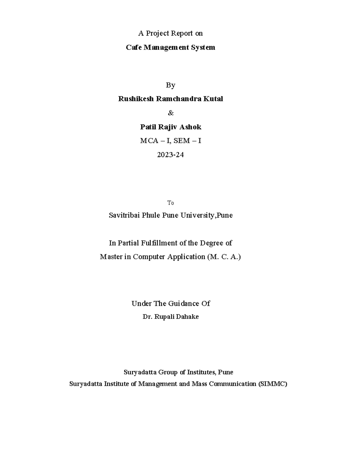 Cafe Documentation 2 - A Project Report on Cafe Management System By ...