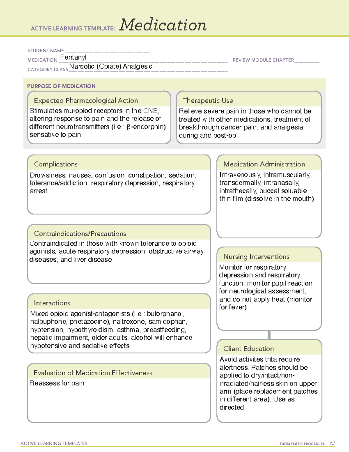 Fentanyl - med sheet - ACTIVE LEARNING TEMPLATES THERAPEUTIC PROCEDURE ...