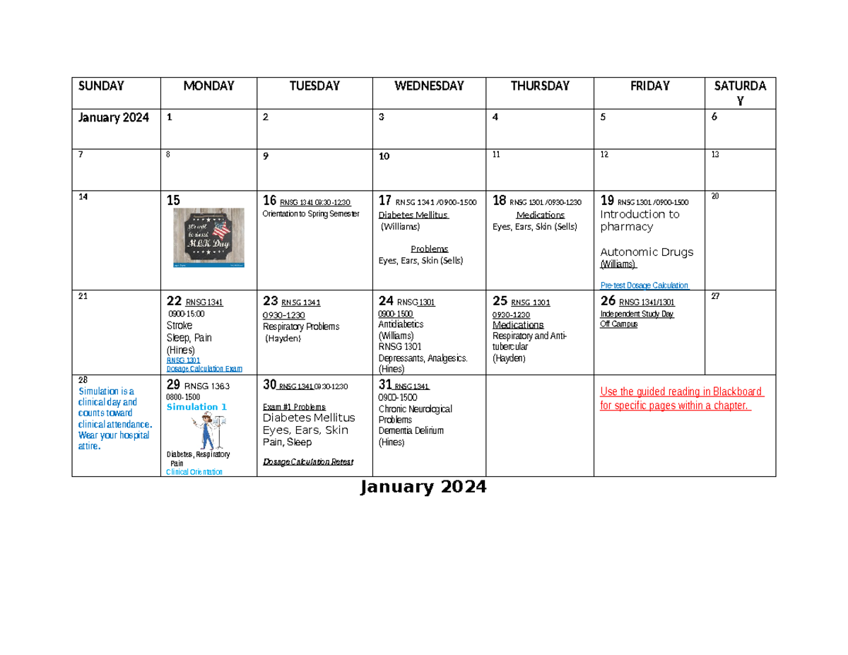 Complete Course Calendar Spring 2024 - ####### SUNDAY MONDAY TUESDAY ...