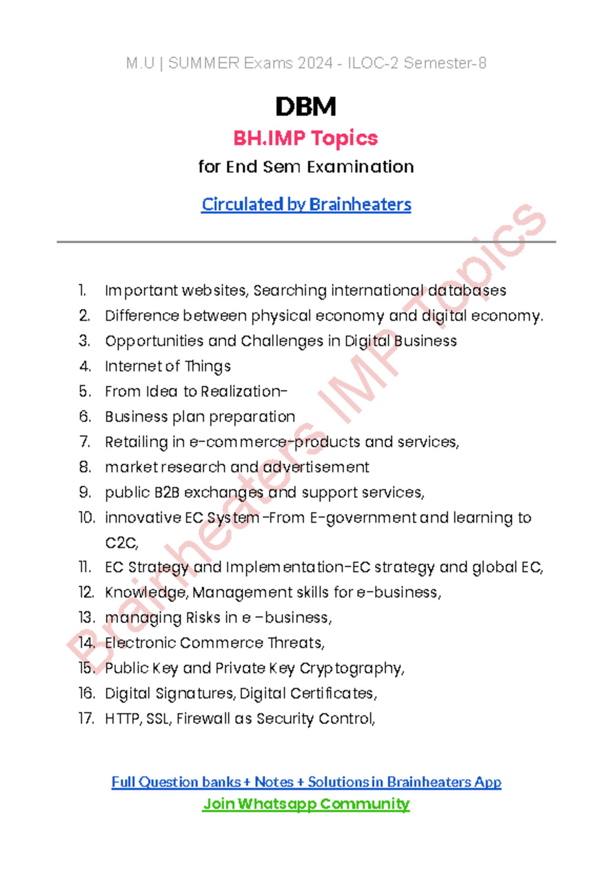 DBM ILOC Sem8 IMP Topics 2 - Brainheaters IMP Topics M | SUMMER Exams 2024 - ILOC-2 Semester ...