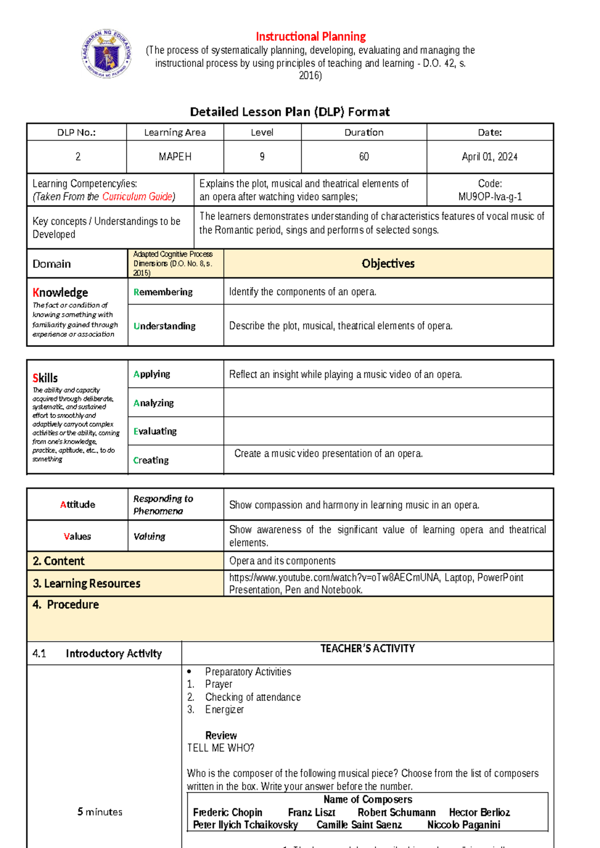 DLP-in Mapeh 9 - learn how to create an dlp - Instructional Planning ...