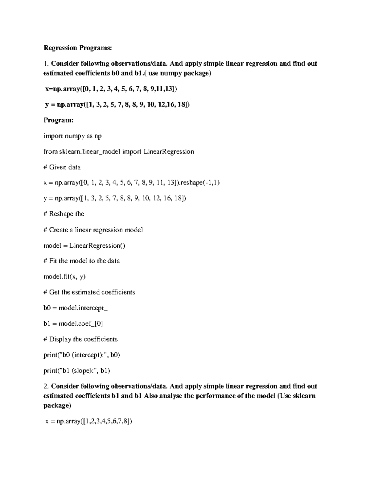 DM lab pgms - Regression Programs: Consider following observations/data ...