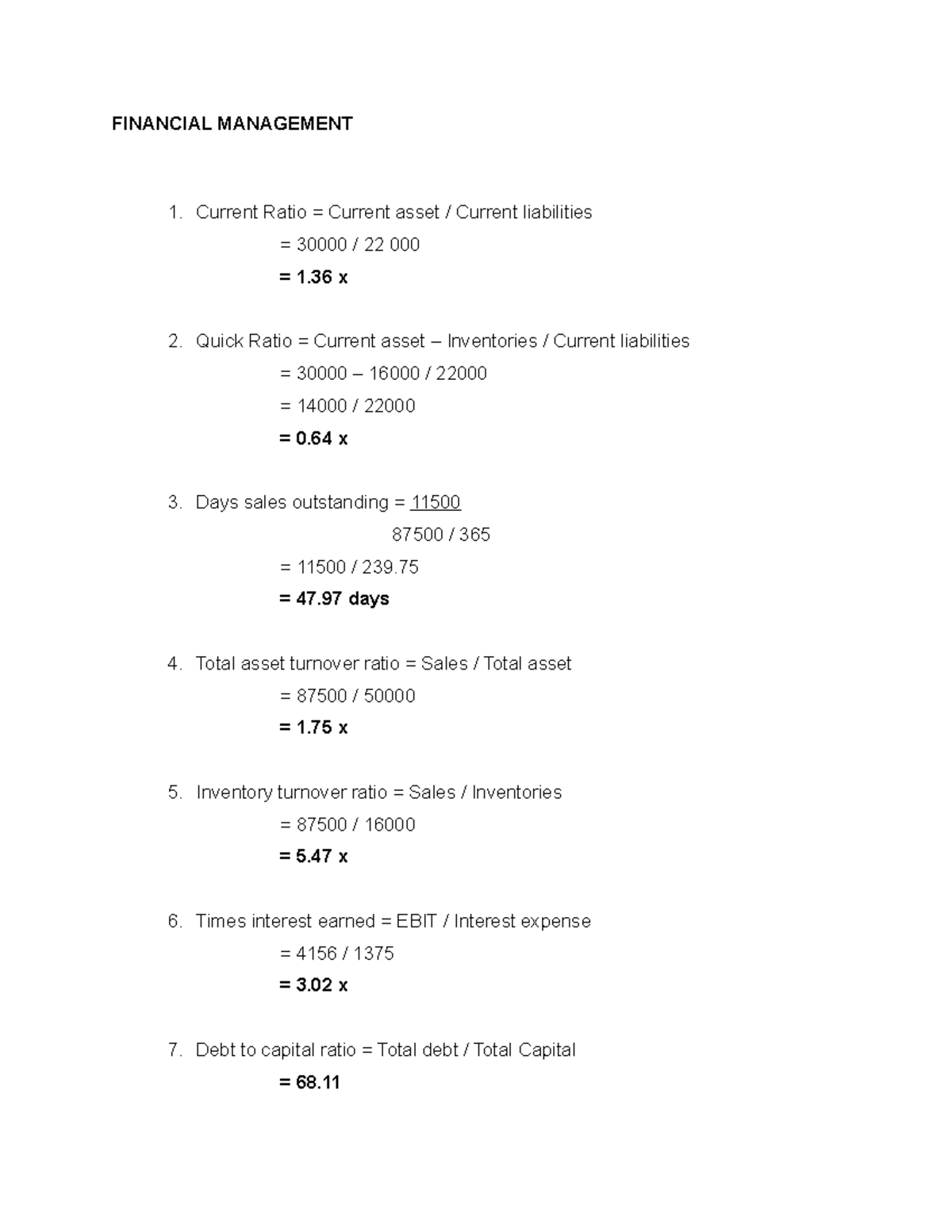Financial Management - FINANCIAL MANAGEMENT Current Ratio = Current ...
