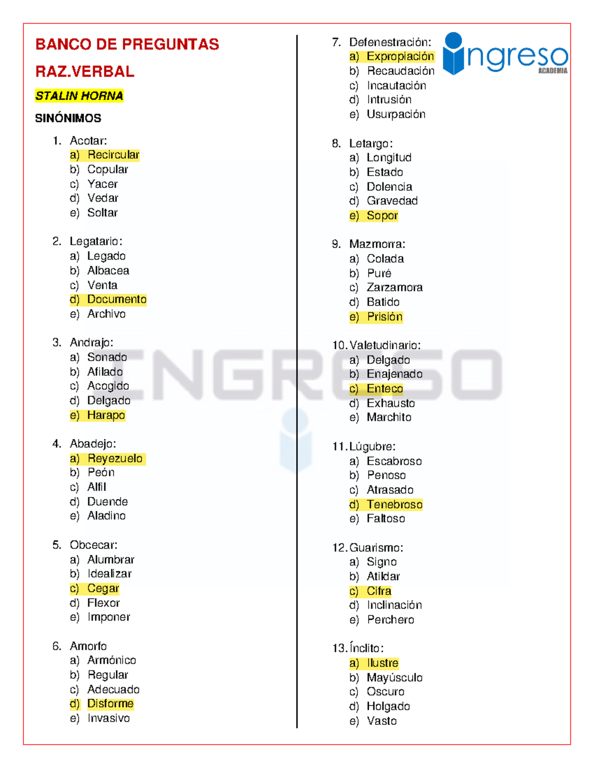 Sinonimos USMP - BANCO DE PREGUNTAS RAZ STALIN HORNA SINÓNIMOS Acotar ...