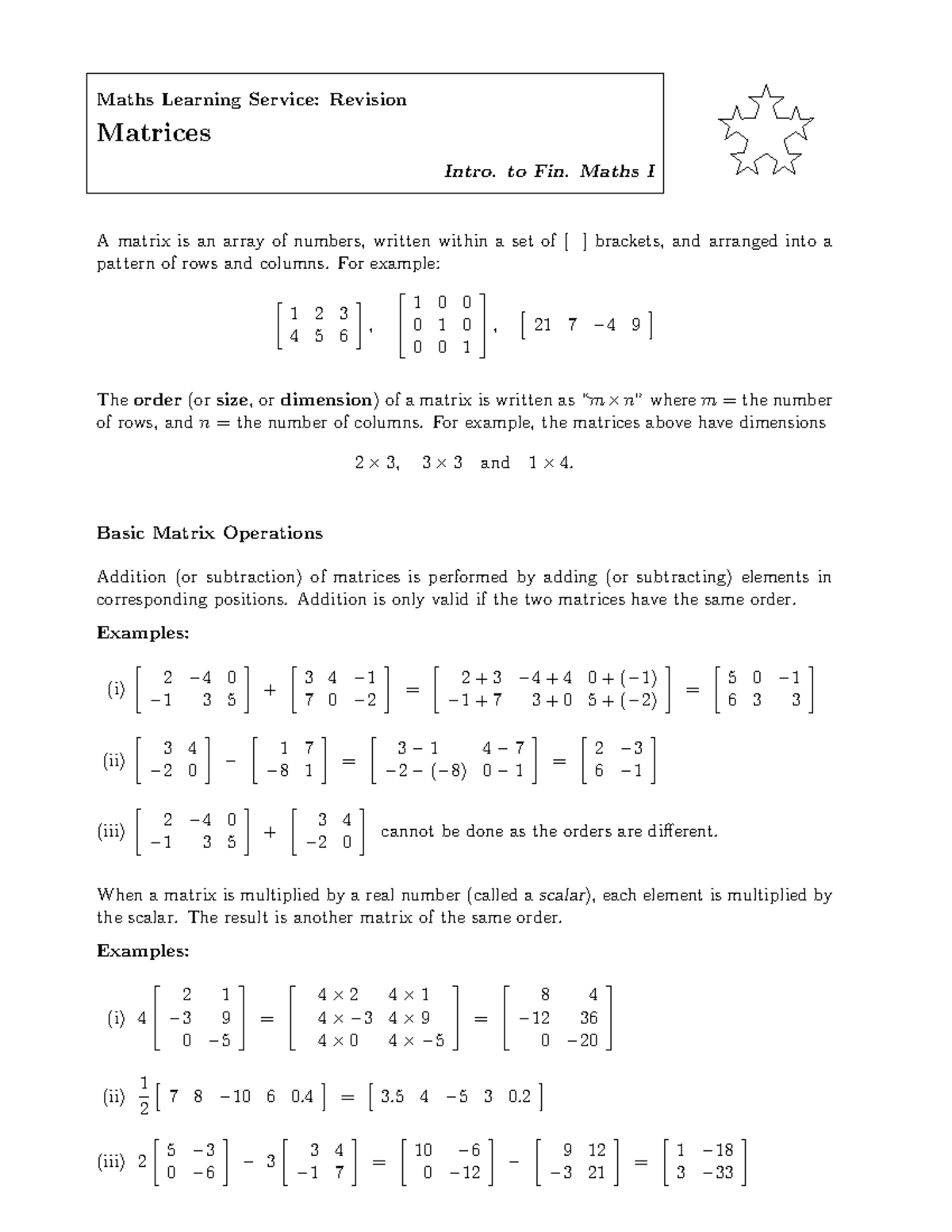 Lecture notes, lecture matrices operations - Maths Learning Service ...
