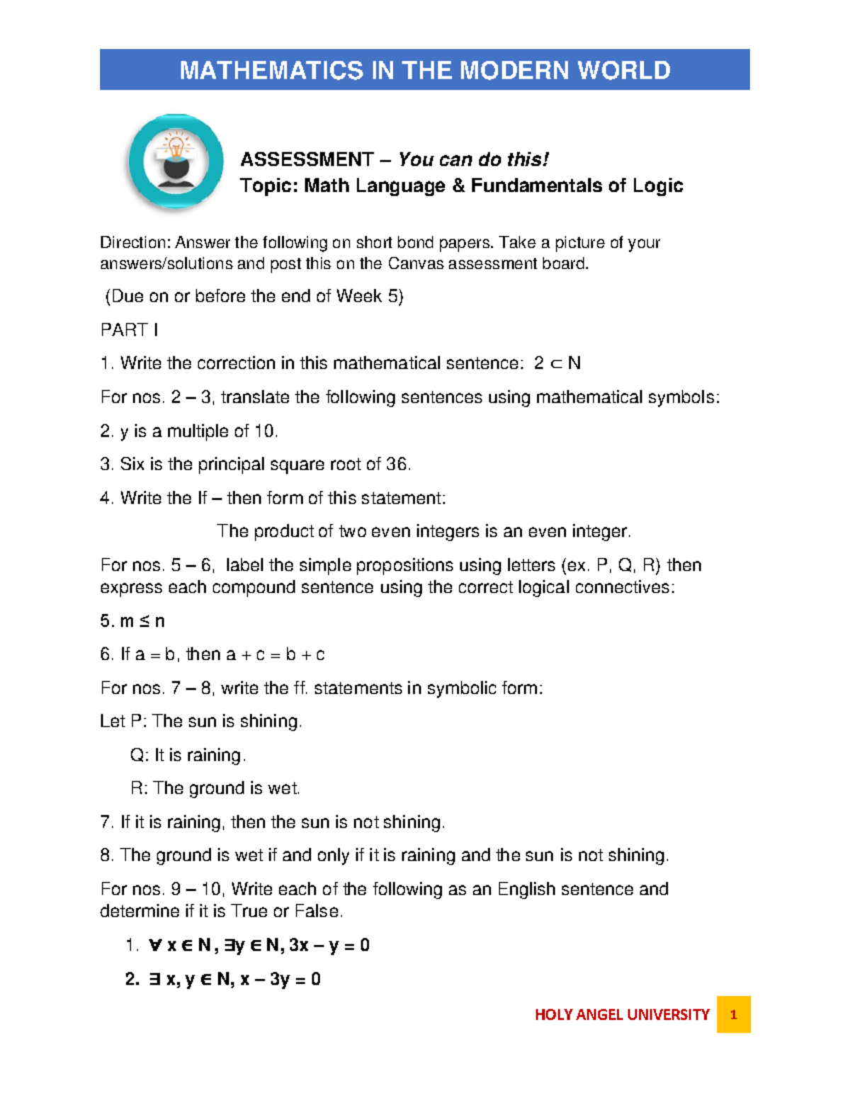 Mathmworld Module-1 Assess Math-Language Logic - HOLY ANGEL UNIVERSITY ...